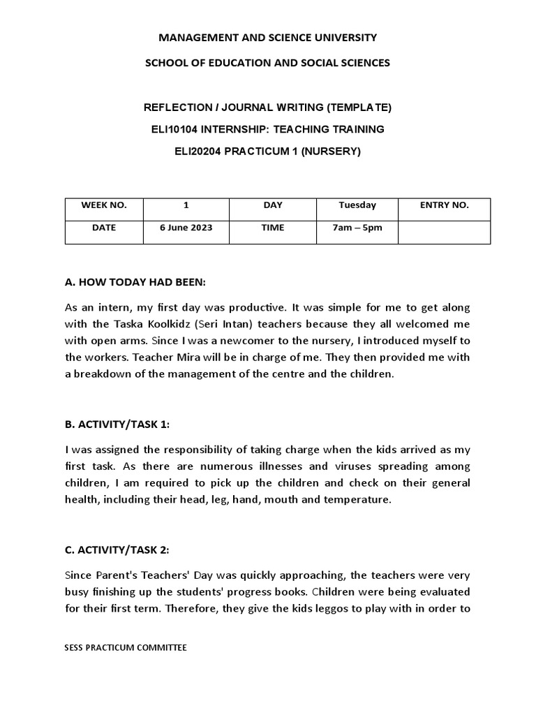 Daily Reflection Internship | PDF | Teachers | Classroom