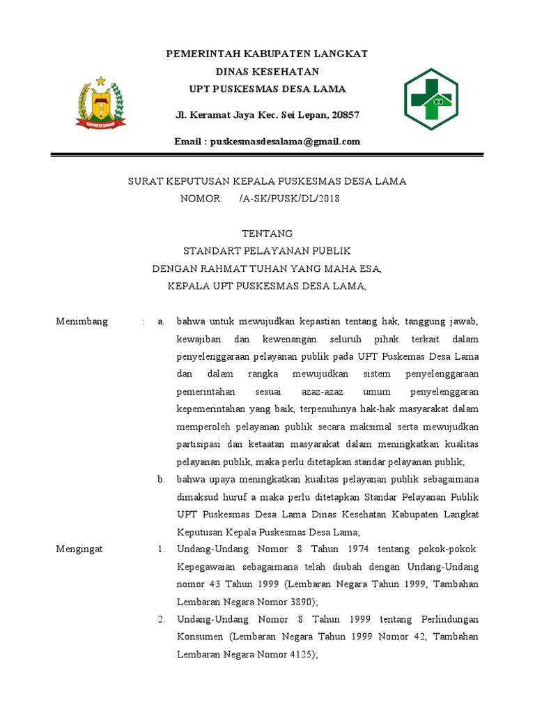 SK Jenis Pelayanan Puskesmas | PDF