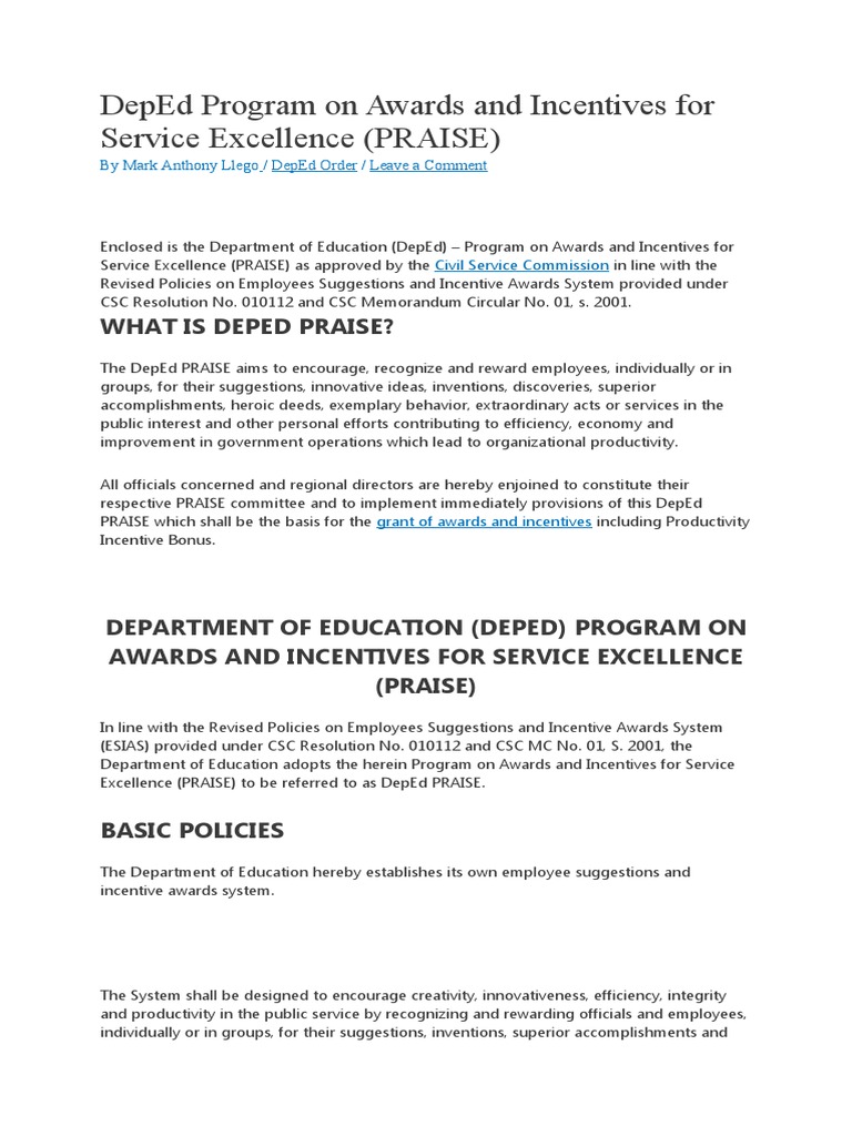 DepEd Program On Awards and Incentives For Service Excellence | PDF ...