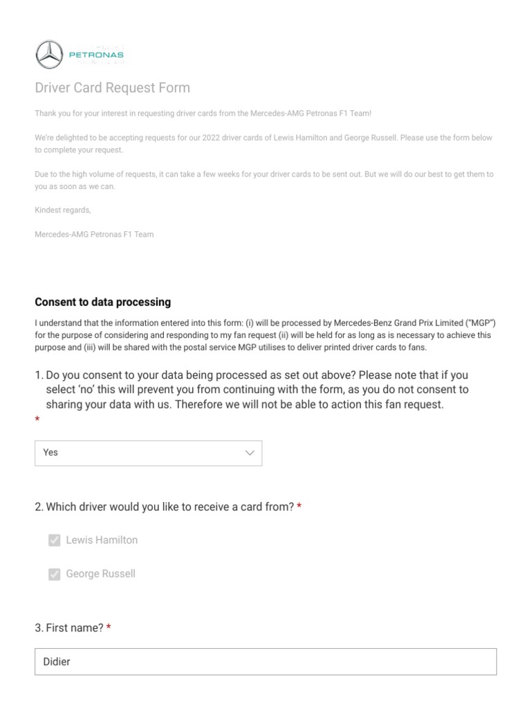 Mercedes F1 Driver Card Request Form | PDF | Business | Law