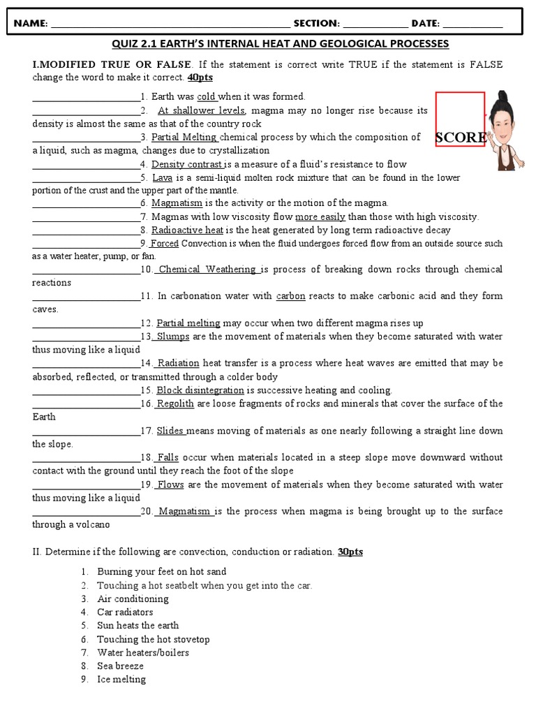Es Quiz 2.1 EARTHS INTERNAL HEAT AND GEOLOGICAL PROCESSES | PDF | Magma ...