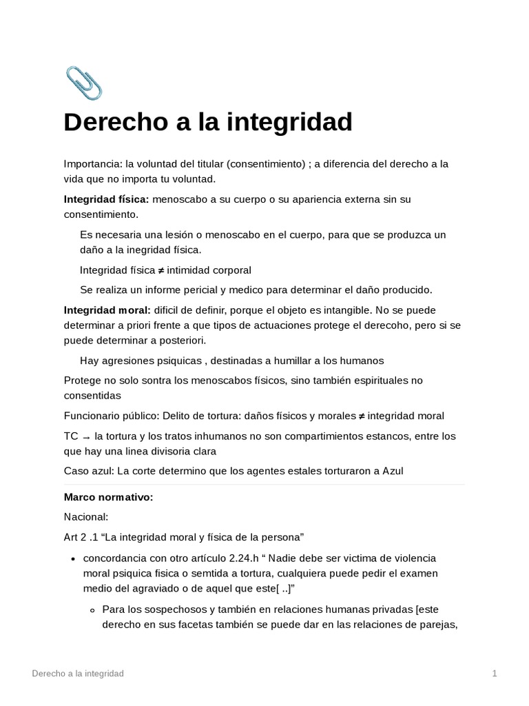 Derecho A La Integridad: Integridad Física: Menoscabo A Su Cuerpo o Su ...