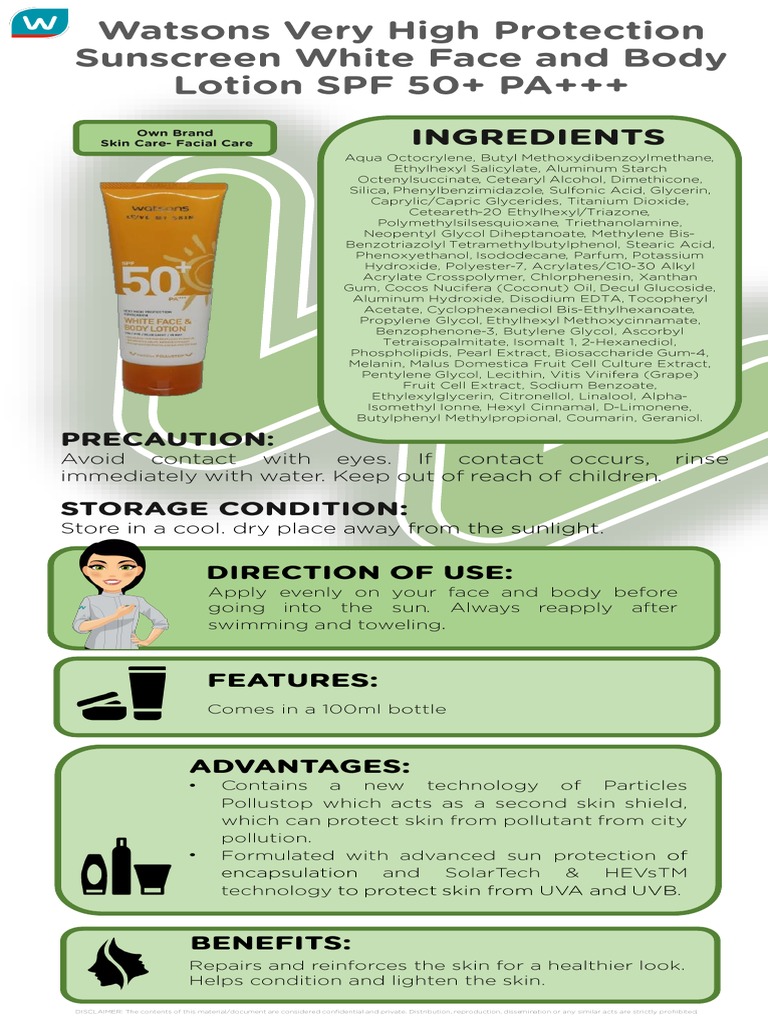 Watsons Very High Protection Sunscreen White Face and Body Lotion SPF 50 PA Product Information ...