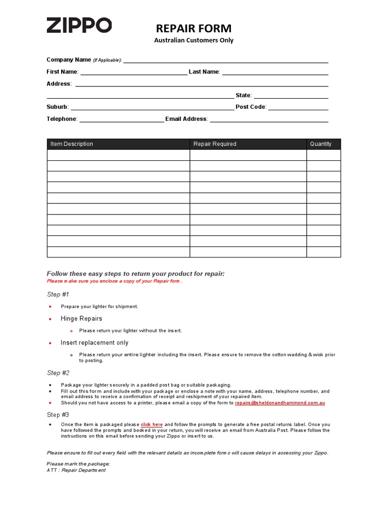 Zippo Repair Form - Signable | PDF Zippo Repair Form - Signable | PDF