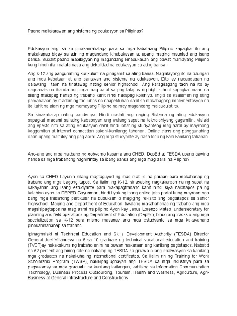 Paano Mailalarawan Ang Sistema NG Edukasyon Sa Pilipinas | PDF Paano Mailalarawan Ang Sistema NG Edukasyon Sa Pilipinas | PDF
