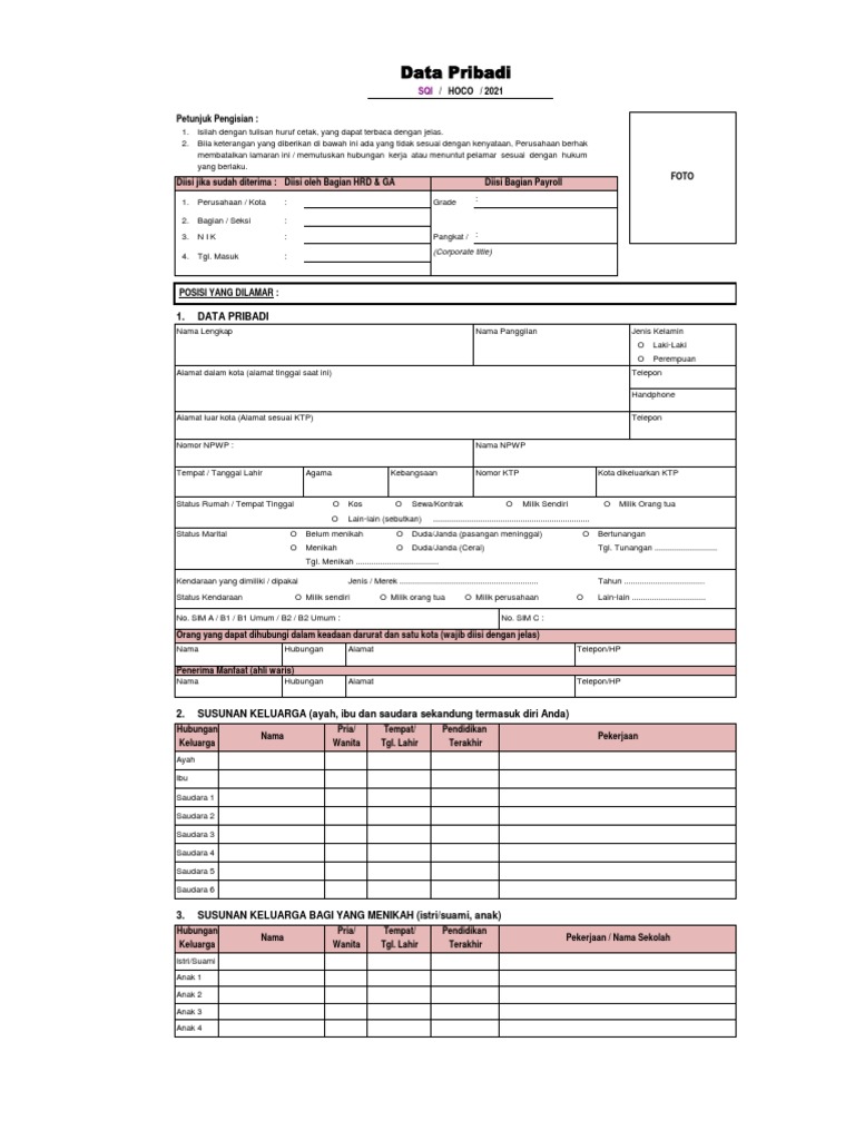 Form Data Pribadi Pelamar | PDF