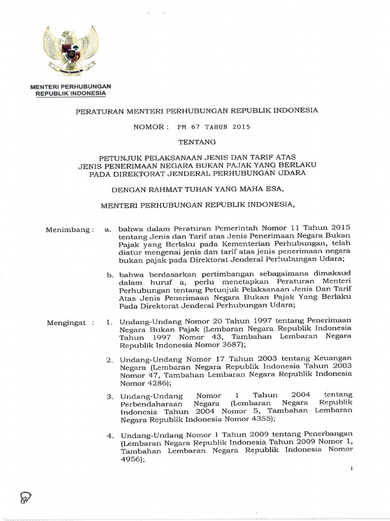 PM 67 Tahun 2015 Tentang Petunjuk Pelaksanaan PNBP Di DJPU | PDF