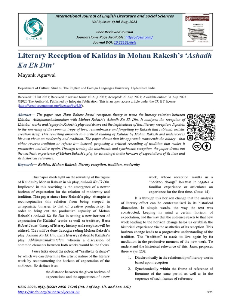 Literary Reception of Kalidas in Mohan Rakesh's Ashadh Ka Ek Din' | PDF | Experience | Aesthetics