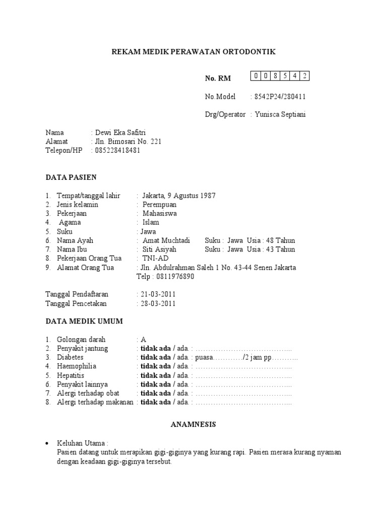Rekam Medik Perawatan Ortodontik | PDF
