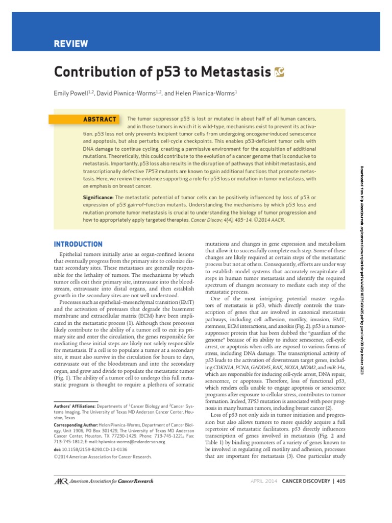 Contribution of p53 To Metastasis: Review | PDF | Metastasis | P53
