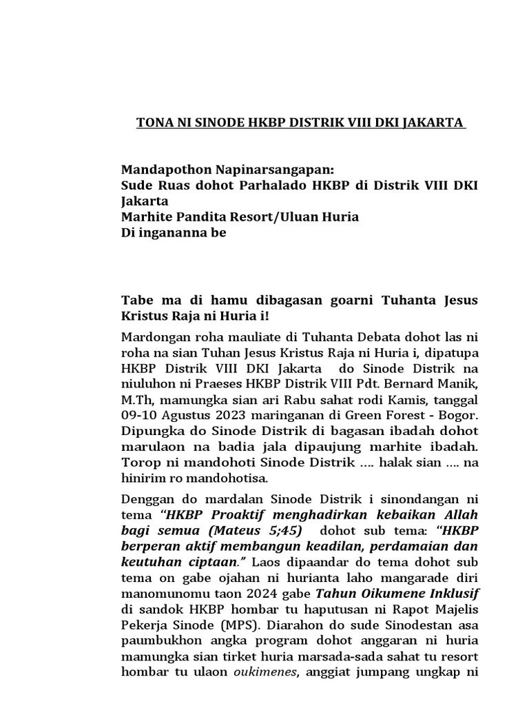 Draft Tona Ni Sinode HKBP Distrik Viii Dki Jakarta Raya Nop 2022 | PDF | Ilmu Sosial