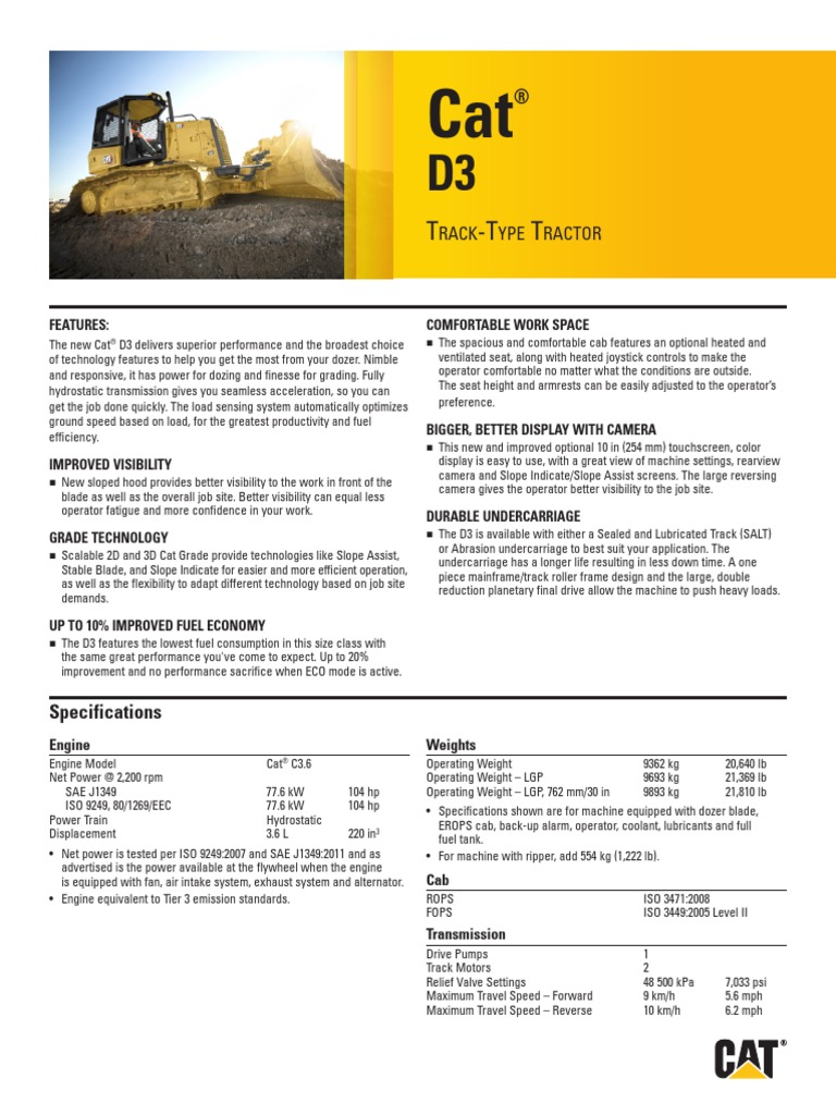 Small Specalog For Cat D3 Track-Type Tractor | PDF | Horsepower | Tractor