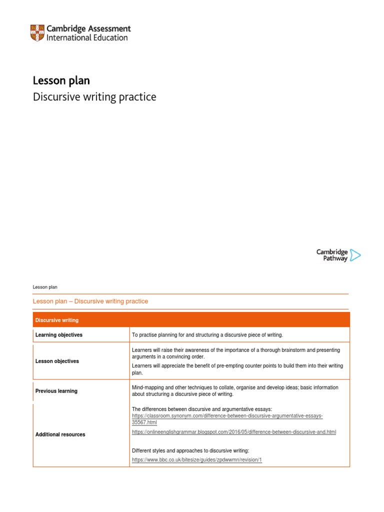 Discursive Writing Lesson Plan | PDF | Lesson Plan | Learning