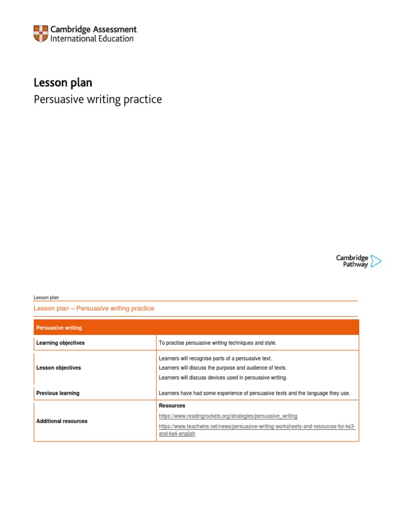 Persuasive Writing Lesson Plan | PDF | Learning | Lesson Plan