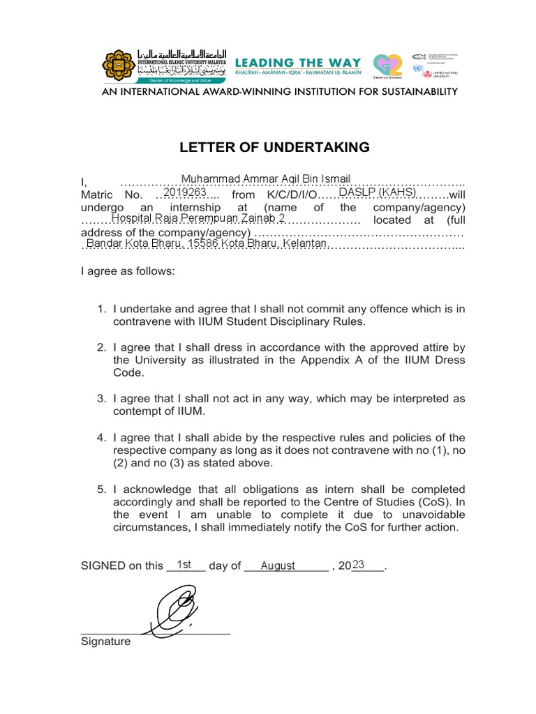 Internship Letter of Undertaking Template | PDF
