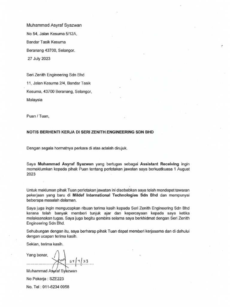 Resign Letter Asyraf | PDF