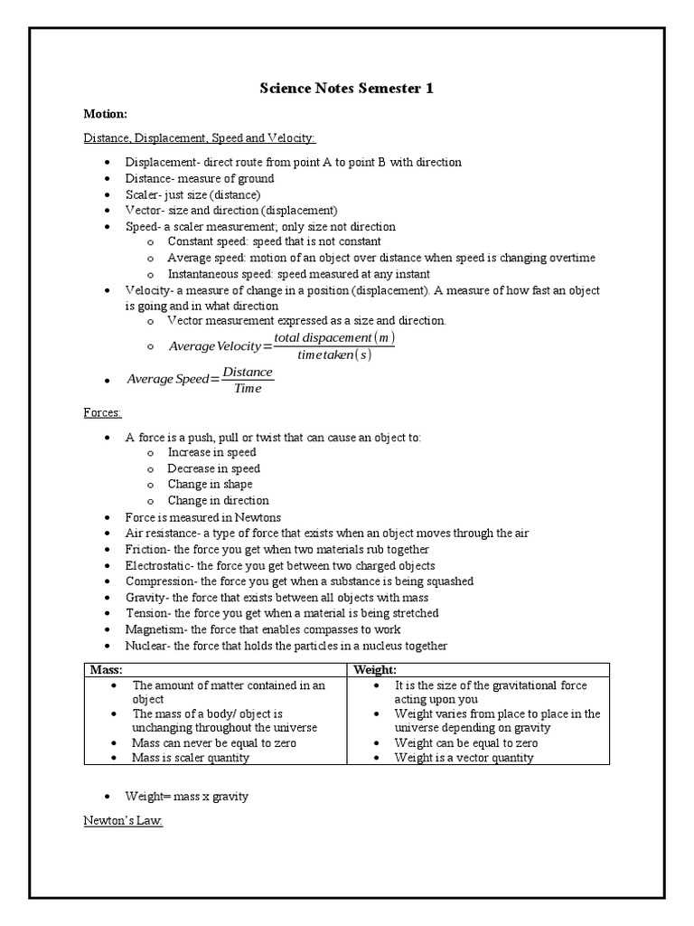Y10 Science Notes Semester 1 | PDF | Chemical Reactions | Force