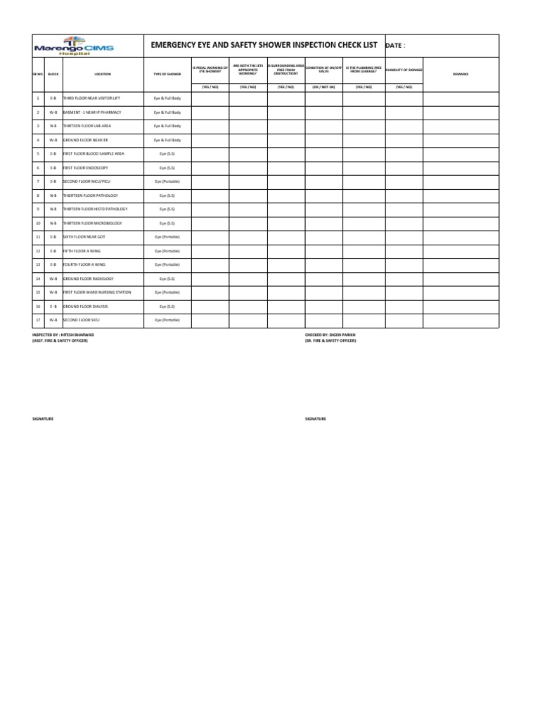 Emergency Eye Shower and Full Body Safety Shower Check List | PDF ...