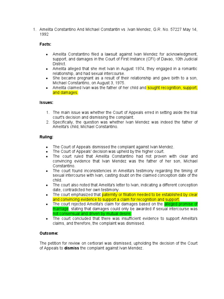 Amelita Constantino and Michael Constantin VS Ivan Mendez GR 57227 May ...
