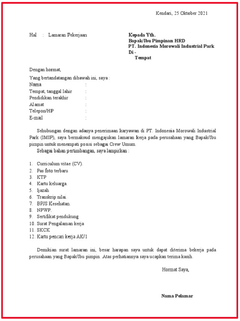 Contoh Surat Lamaran Kerja PT Imip | PDF