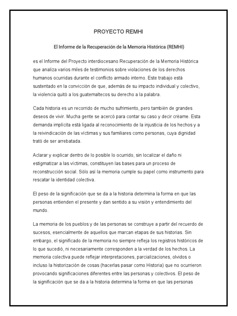 Informe sobre el Proyecto REMHI | PDF | Memoria | Testimonio