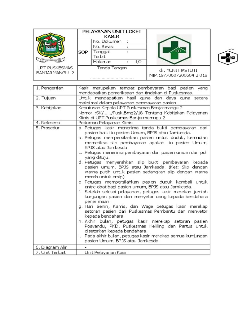 Sop Pelayanan Unit Loket Kasir | PDF | Pengelolaan Keuangan & Uang
