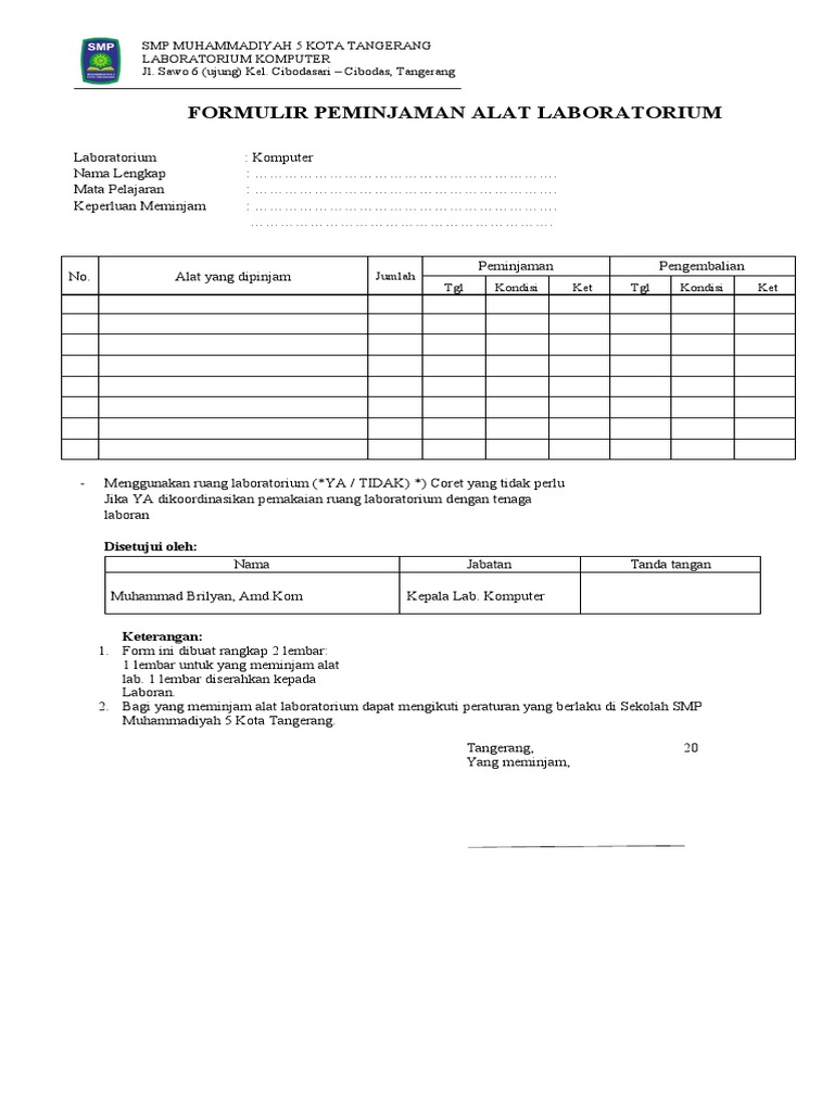 Formulir Peminjaman Alat Laboratorium SMP Muhammadiyah 5 | PDF