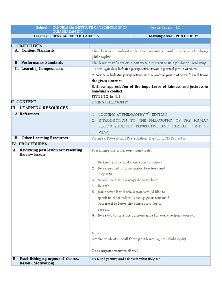 Philosophy Lesson Plan | PDF | Learning | Holism