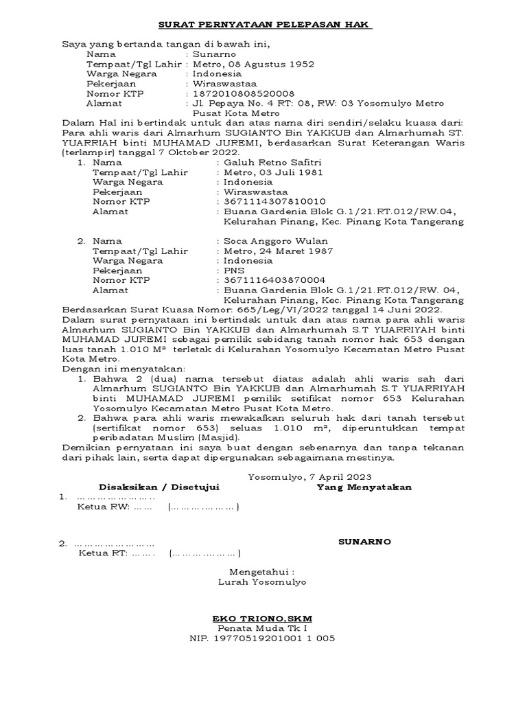 Surat Pernyataan Pelepasan Hak Pak Zen | PDF