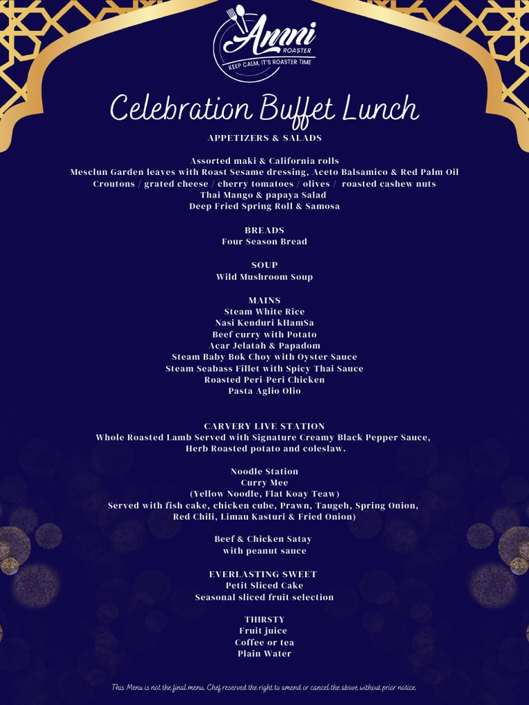 Celebration Buffet Lunch - Amni Roaster | PDF | Sauce | Lunch