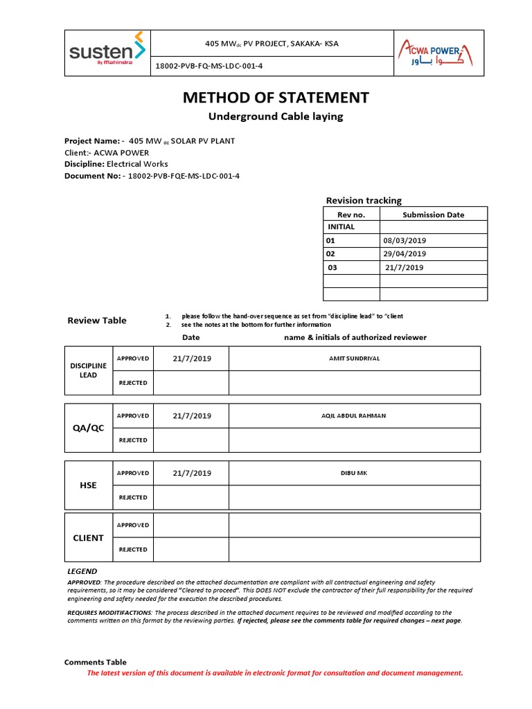 Method Statement - Underground Cable Laying Rev04 | PDF | Personal Protective Equipment | Traffic