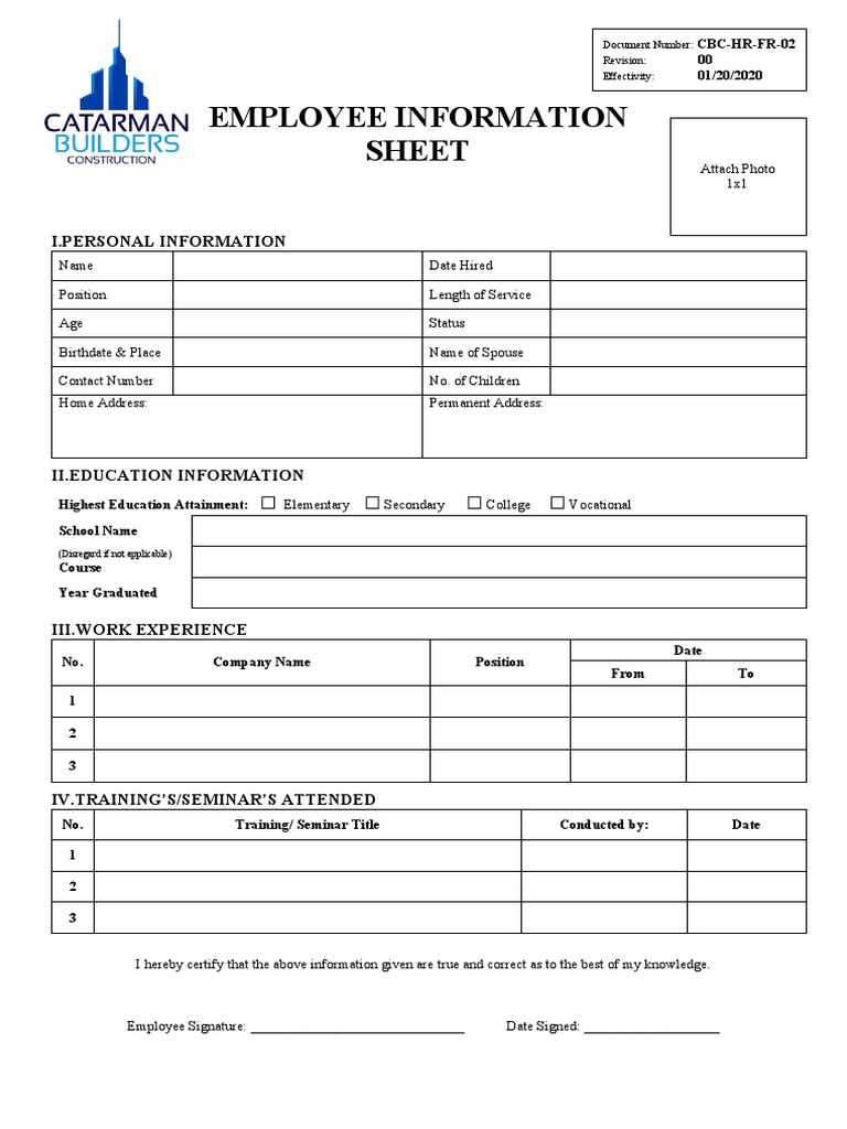 Employee Information Sheet | PDF