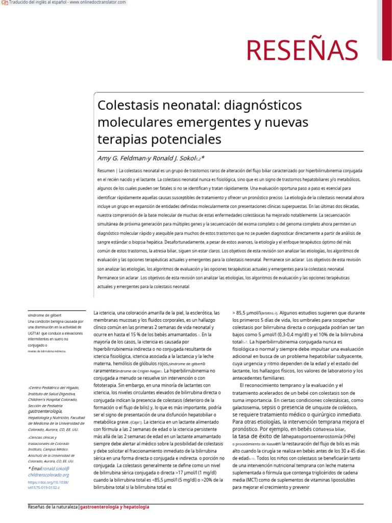 Colestasis Neonatal. Diagnosticos Moleculares Emergentes y Terapias ...