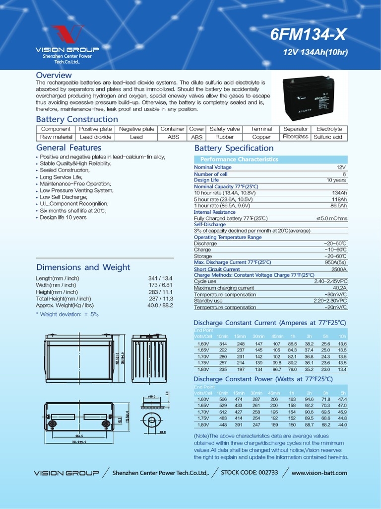 Battery Vision 6FM134-X | PDF | Physical Sciences | Physical Quantities