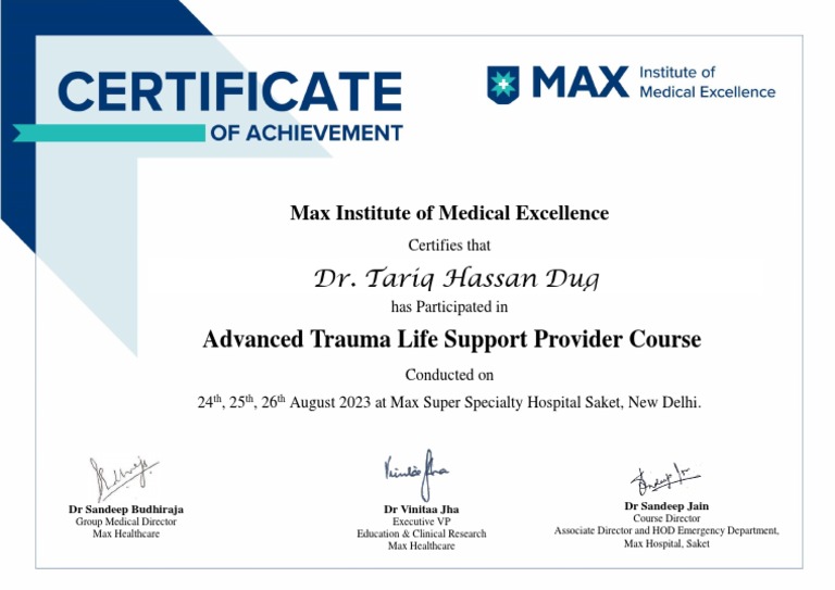 DR Tariq Atls Certificate | PDF