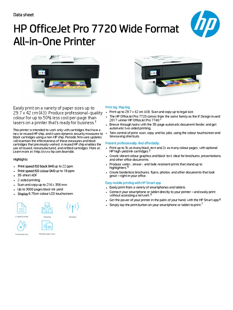 HP Officejet Pro 7720 Wide Format All-In-One Printer: Data Sheet | PDF ...
