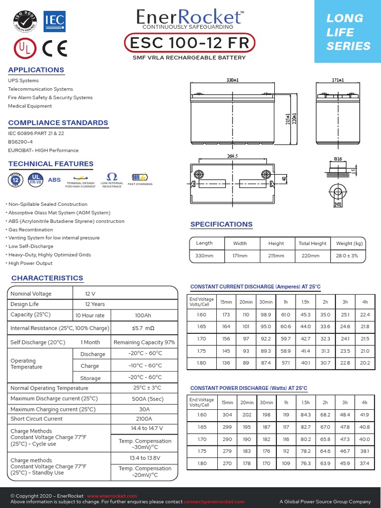 ESC100 12FR Rocket EnerRocket Aku Datasheet | PDF | Volt | Electricity