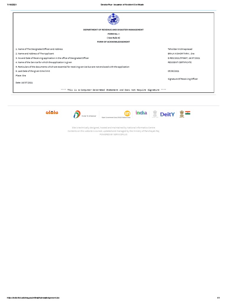 Resident Certificate Application Acknowledgment | PDF | Government