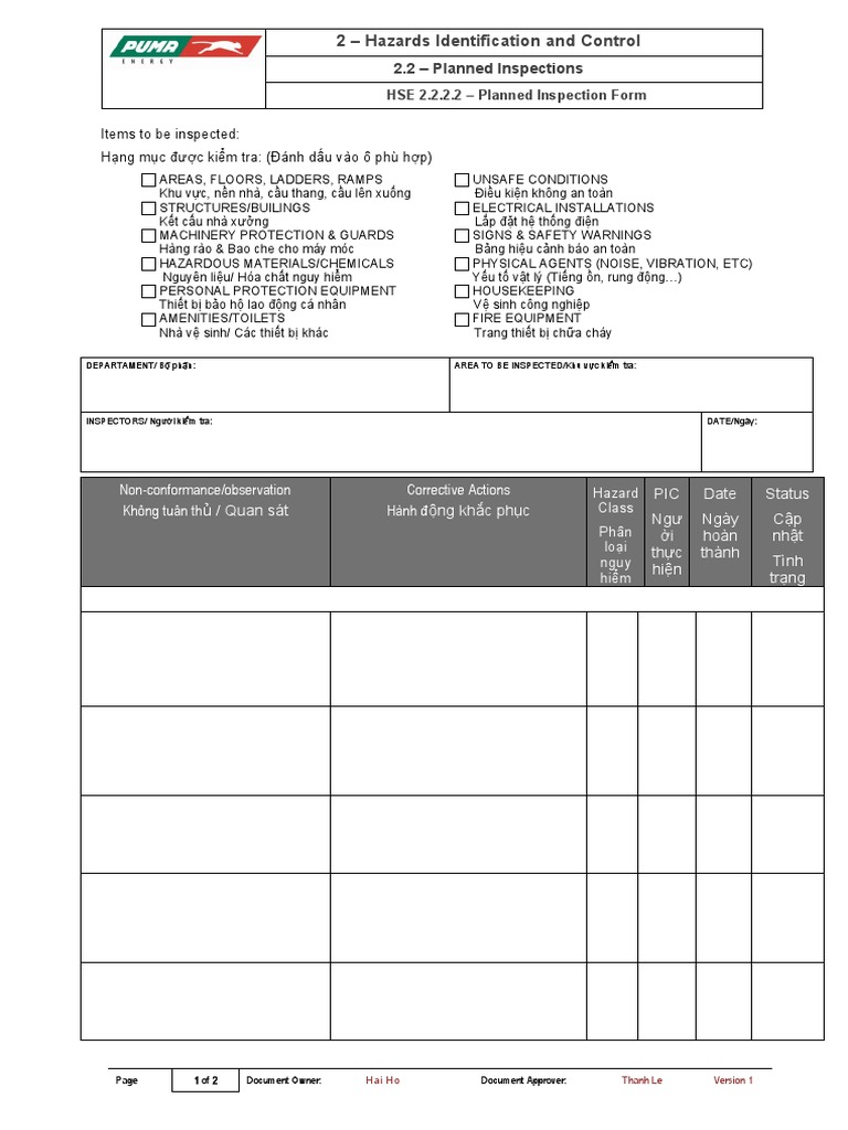HSE - Planned Inspection Form | PDF