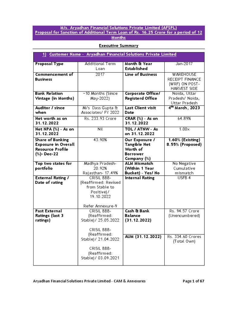 Aryadhan New CAM Format For NBFC Clean Version CAM Annexures PDF