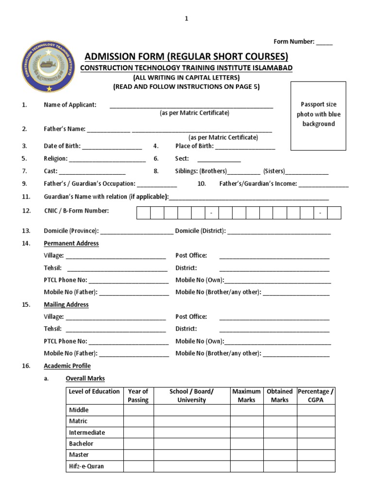 New Admission Form Short Course | PDF