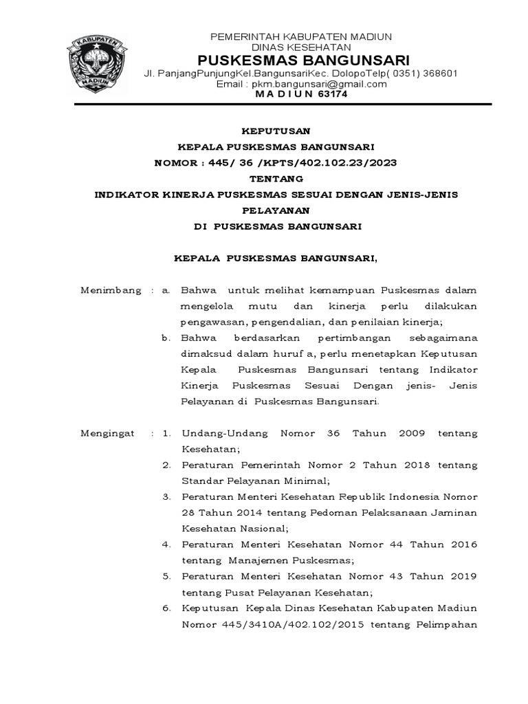 1.6.1a.1 SK INDIKATOR KINERJA PKM SESUAI DENGAN JENIS PELAYANAN | PDF