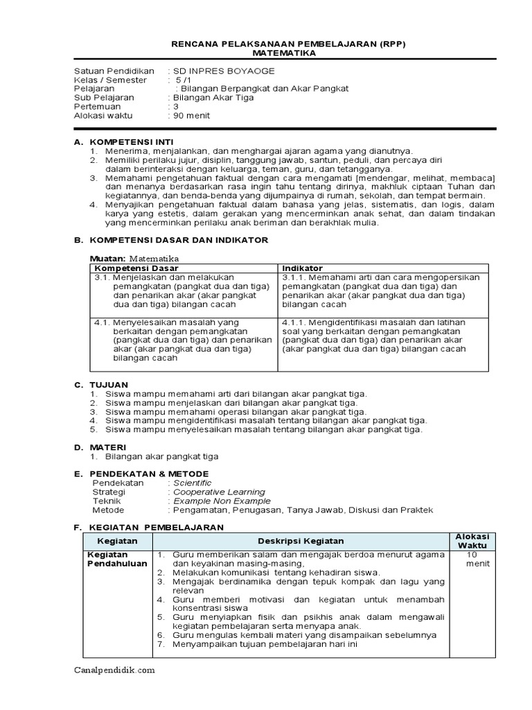 RPP MTK Kelas 5 Bilangan Akar Tiga SEM 1 | PDF
