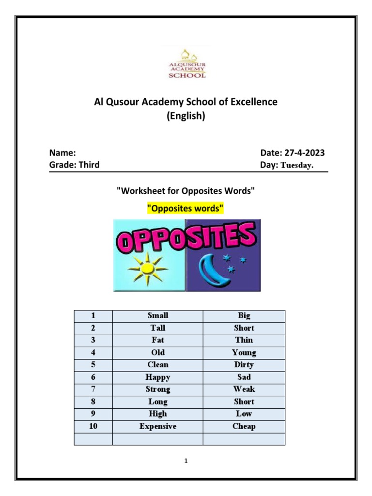 Opposite Words Worksheet Grade 3 | PDF