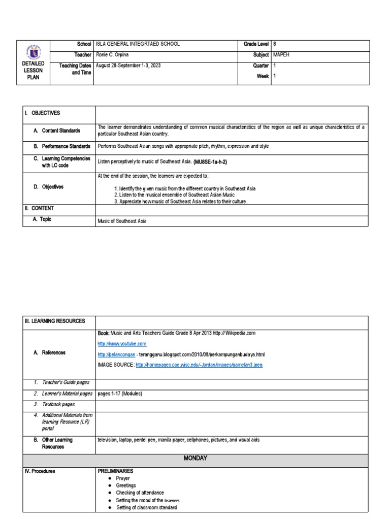 DLL - Quarter 1 - W 1 MAPEH 8 | PDF | Southeast Asia | Learning