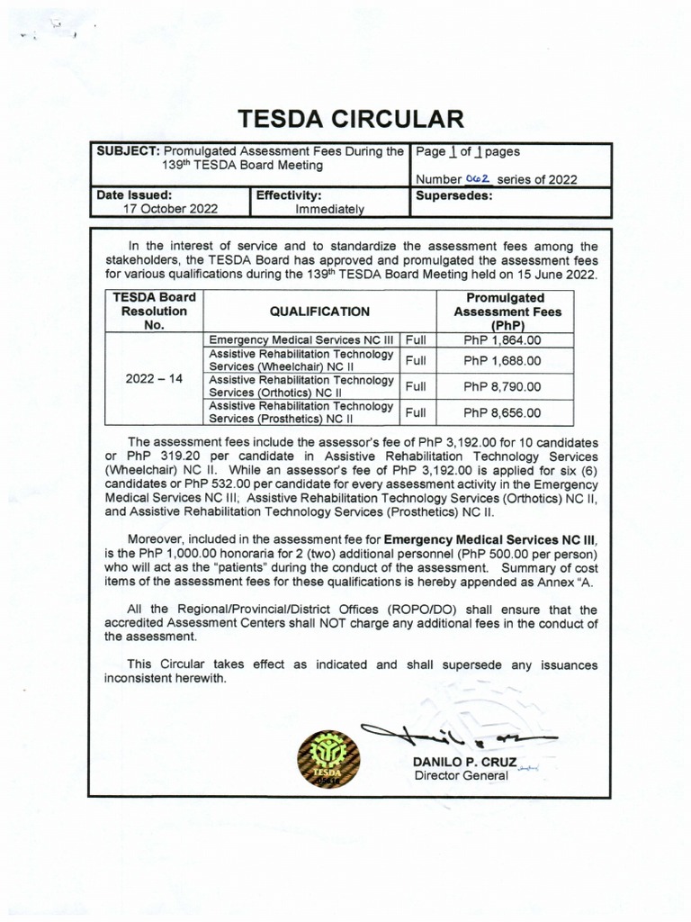 TESDA Approved Assessment Fees 2022 | PDF | Social Programs | Medicine