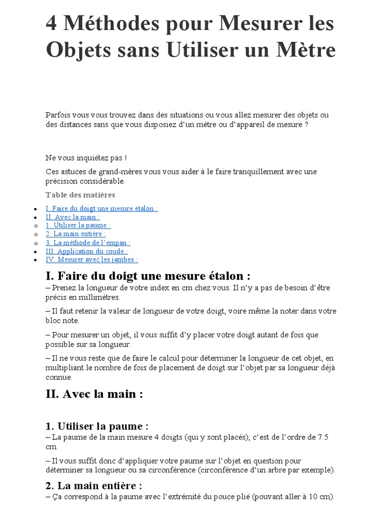 Mesurer sans mètre : 4 méthodes pratiques | PDF | Longueur | Main