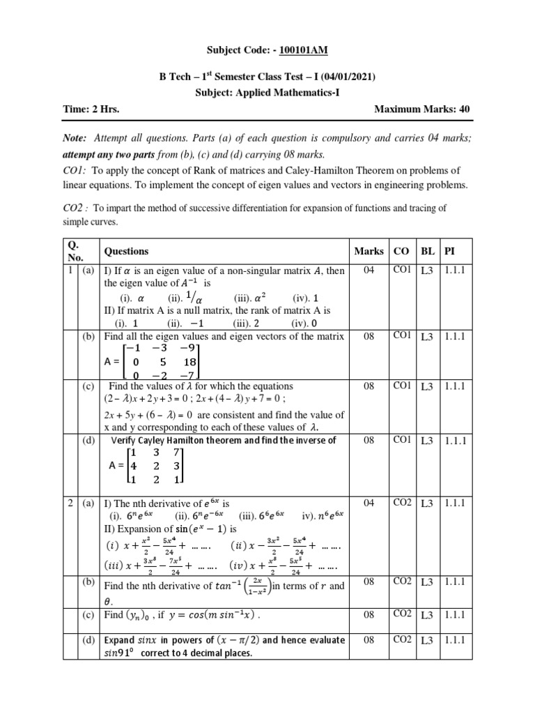 B.Tech. CT1 AUTUMN SEMESTER 2020 2021 QPs AMI AP PPS EGD PCE AC BEE E&E IWT | Download Free PDF ...