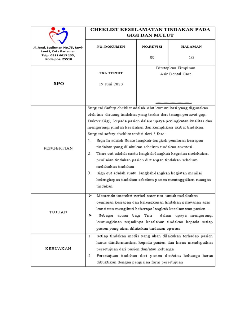 Spo Cheklist Keselamatan Tindakan Pada Gigi Dan Mulut Asir | PDF