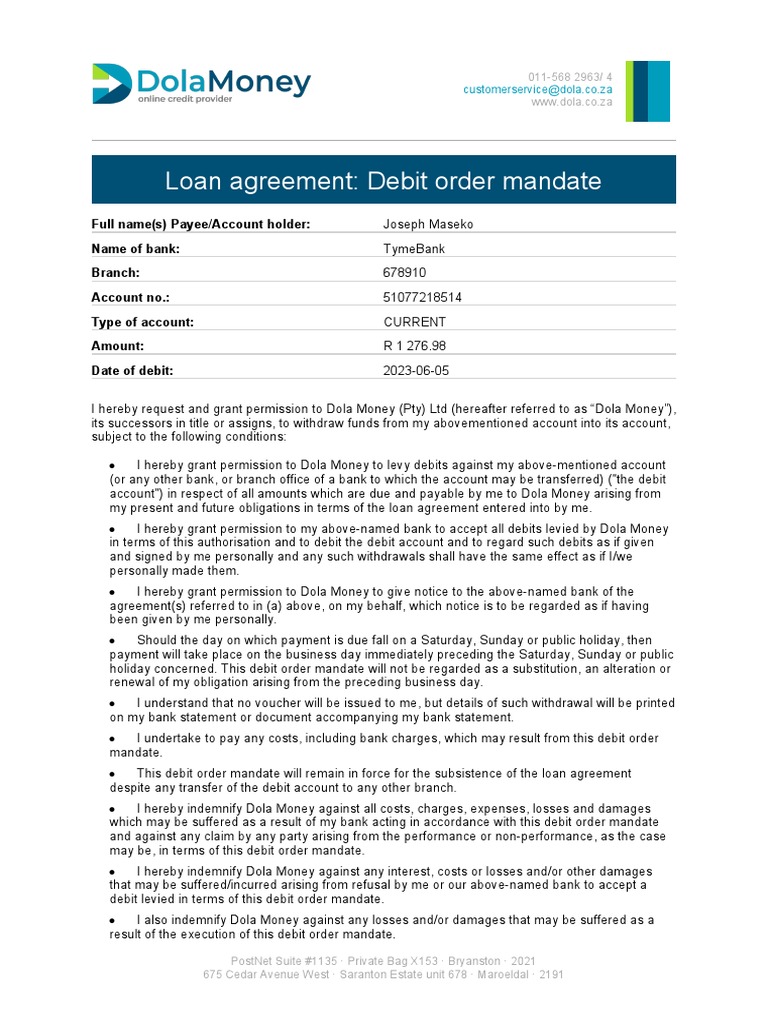 Dola Money Debit Order Mandate DOLA32673 2023-05-24 | PDF | Debit Card | Banks